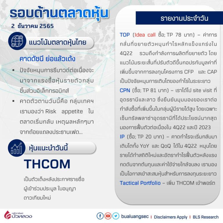 "บล.บัวหลวง" คาดดัชนีย่อแล้วเด้ง แนะ THCOM - Hoonsmart