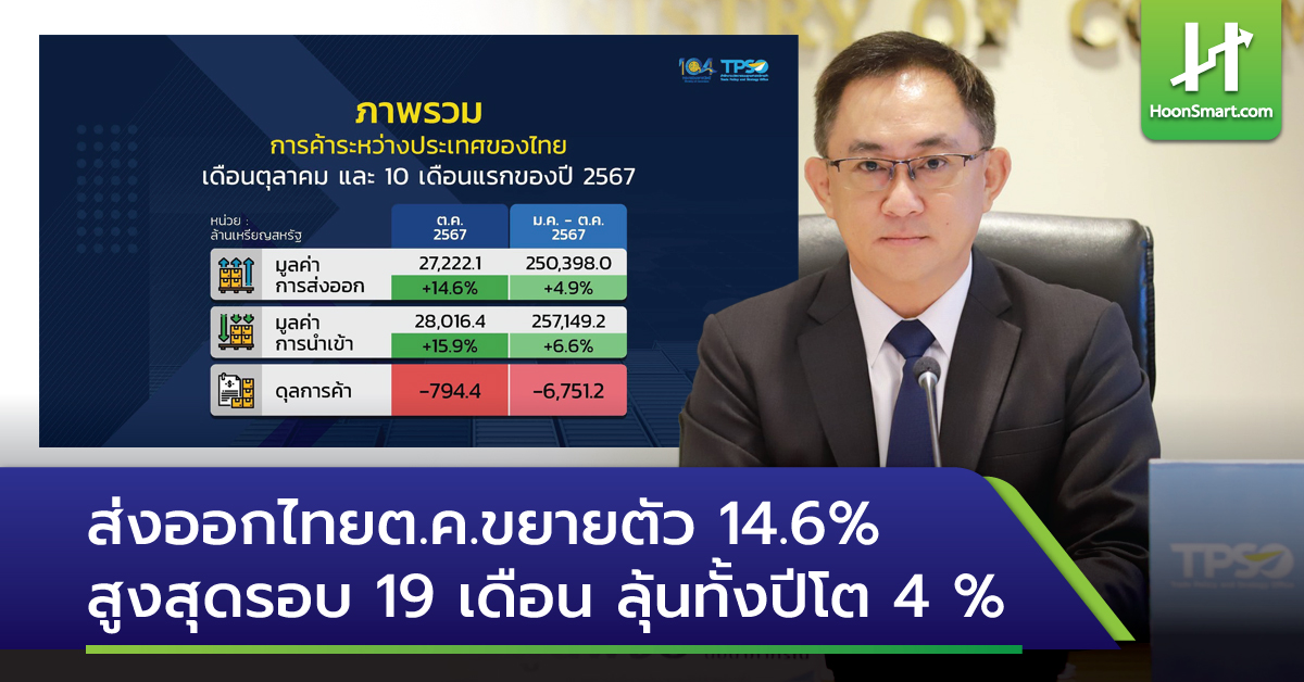 ส่งออกไทยต.ค.ขยายตัว 14.6% สูงสุดรอบ 19 เดือน ลุ้นทั้งปีโต 4 % - Hoonsmart