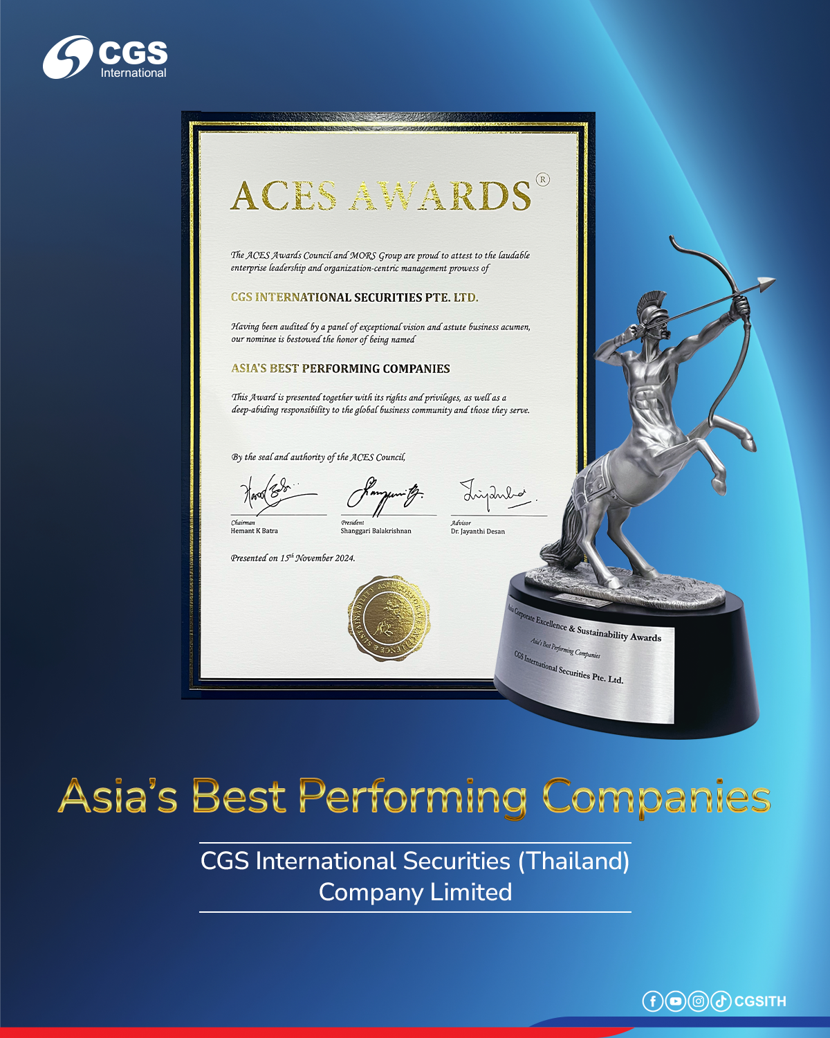 บล.CGSI ปลื้ม !! คว้ารางวัลธุรกิจยอดเยี่ยมในเอเซีย - Hoonsmart