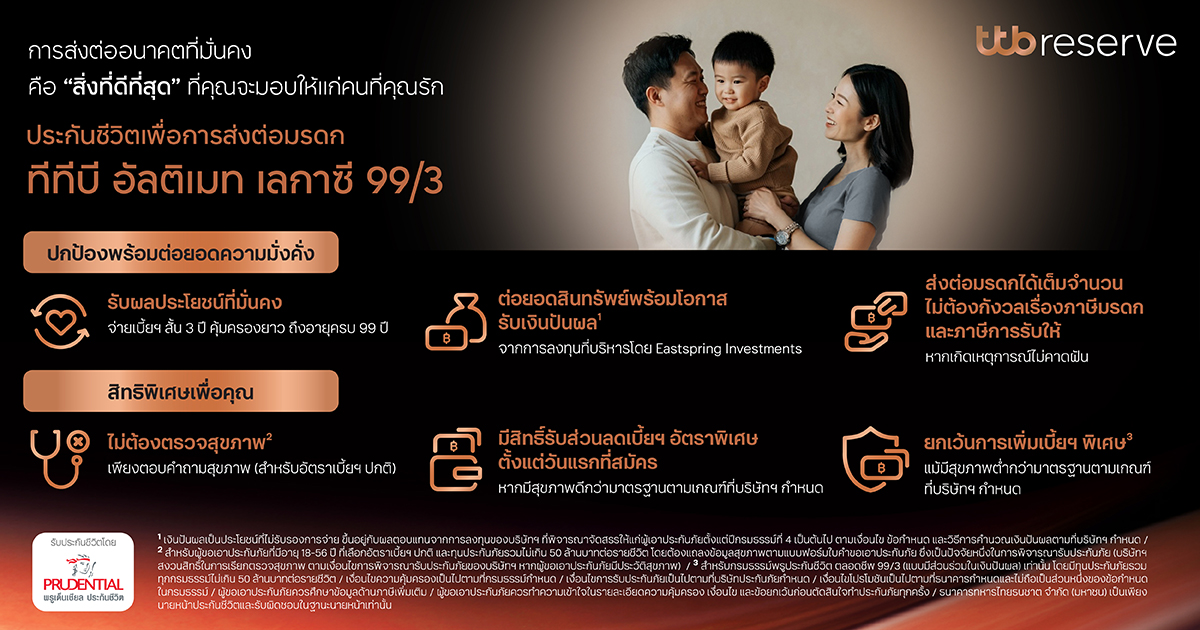 TTB เปิดตัวประกันชีวิต "ทีทีบี อัลติเมท เลกาซี 99/3" ชูจ่ายเบี้ยสั้น 3 ปีคุ้มครองยาวถึงอายุ 99 ...